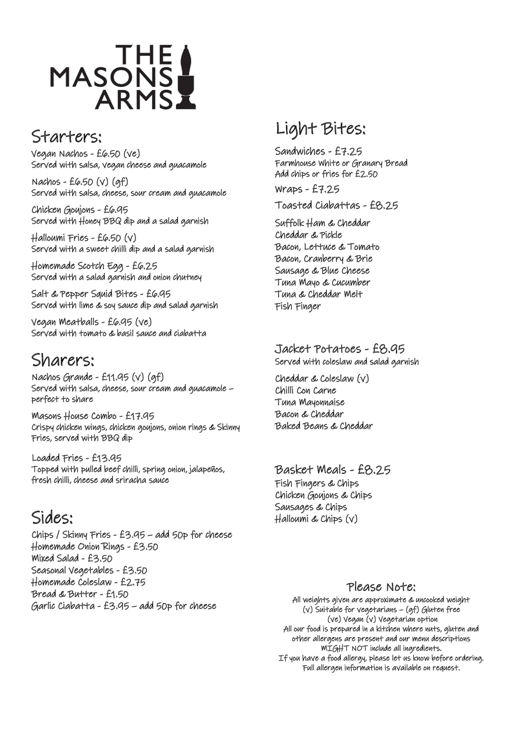Menu - Masons Arms