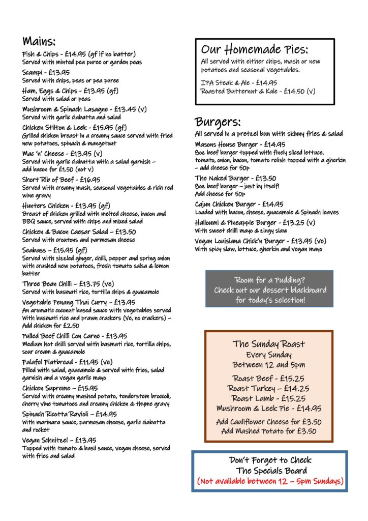 Menu - Masons Arms