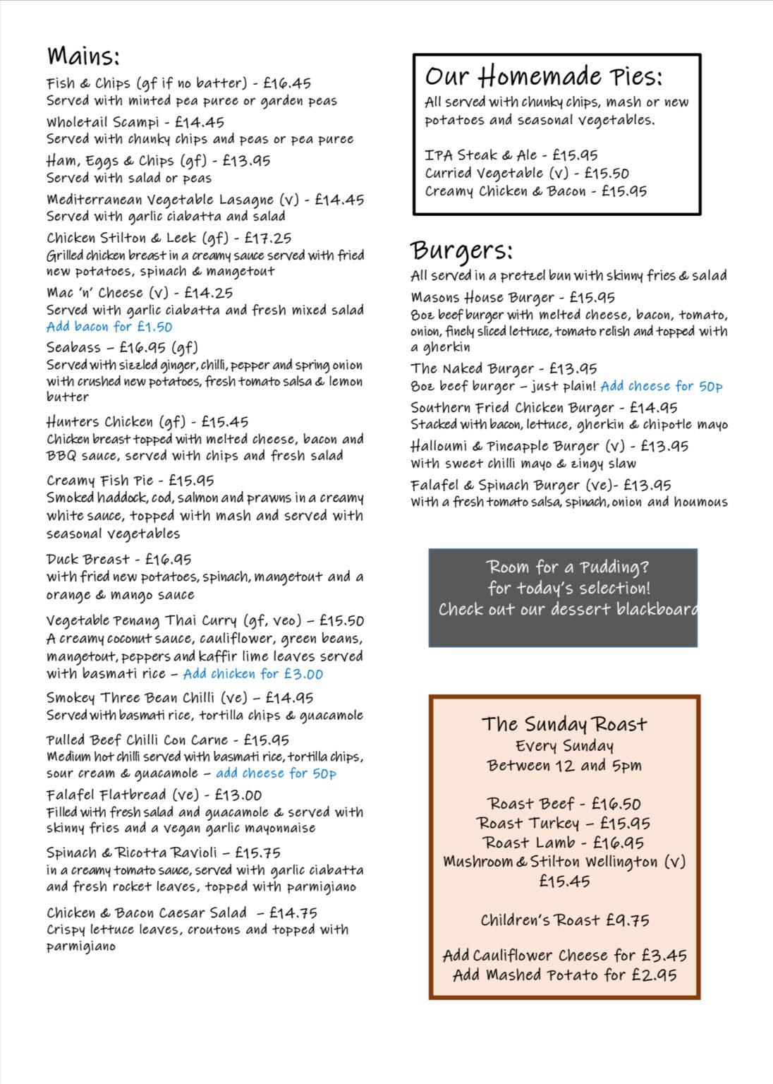 Menu - Masons Arms