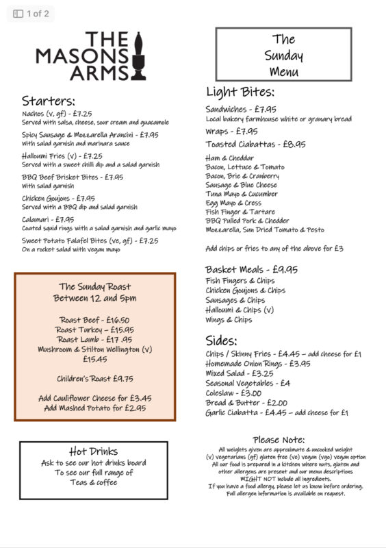 Menu - Masons Arms